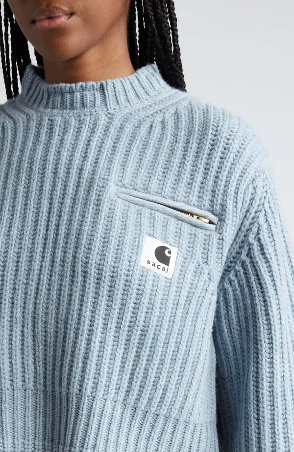 Sacai Carhartt Wip Wool Blend Crop Sweater In Light Blue - 40% Off